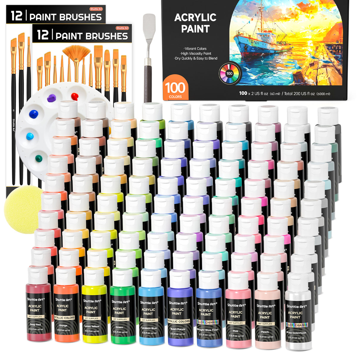 Acrylic Paint Set- 100 Colors, Include 2 Sets of 12 Paint Brushes ...
