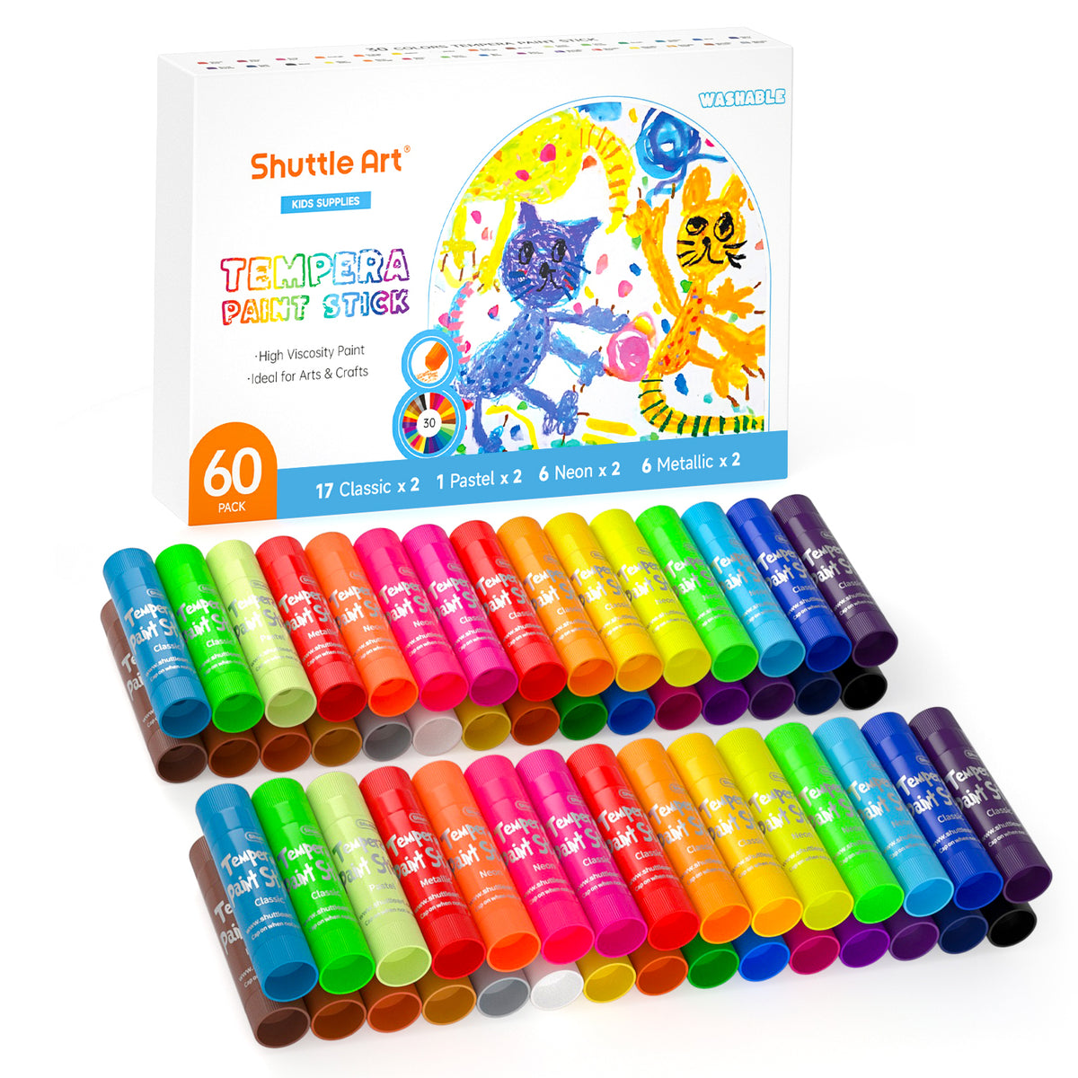 Washable Tempera Paint Sticks, 30 Colors*2 - Set of 60 — Shuttle Art