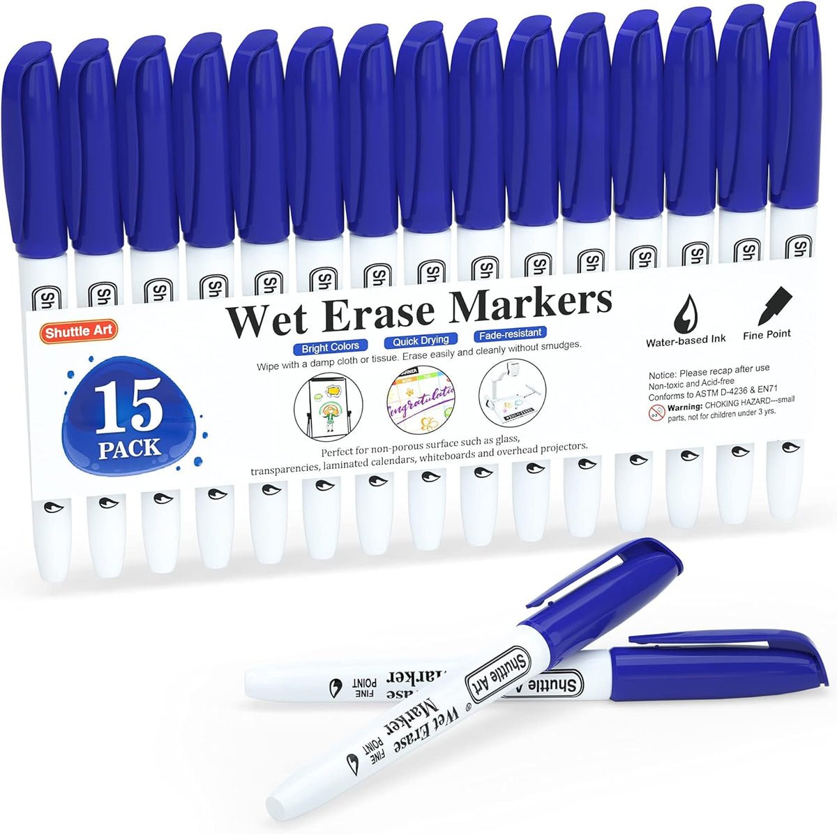 Blue Wet Erase Markers, 1mm Fine Tip - Set of 15 — Shuttle Art