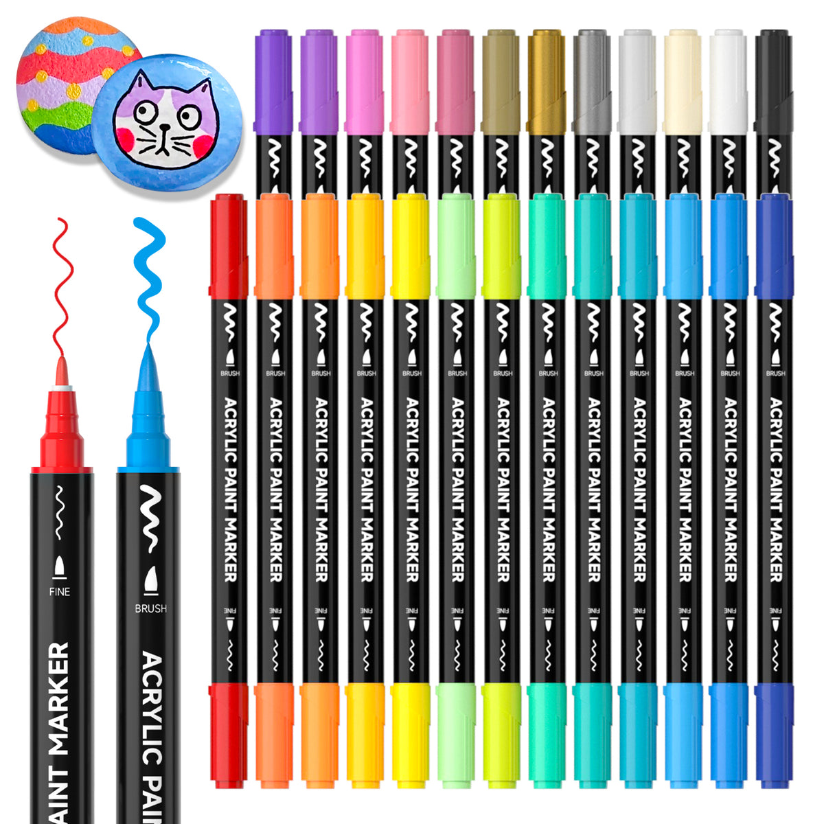 25 Colors Dual Tip Acrylic Paint Markers - Set of Brush Tip and Fine T ...