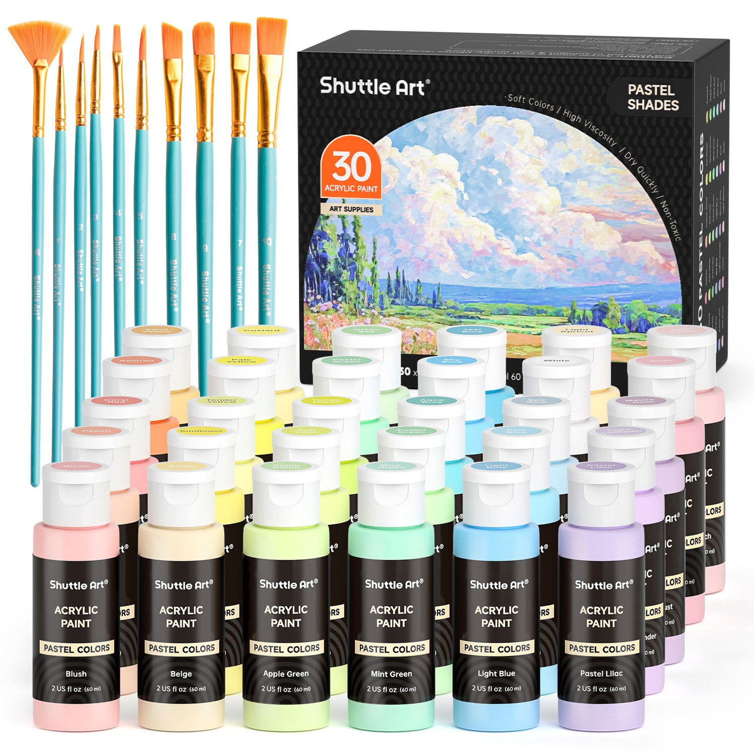 Pastel Acrylic Paint - Set of 30 Colors with 10 Paint Brushes — Shuttle Art