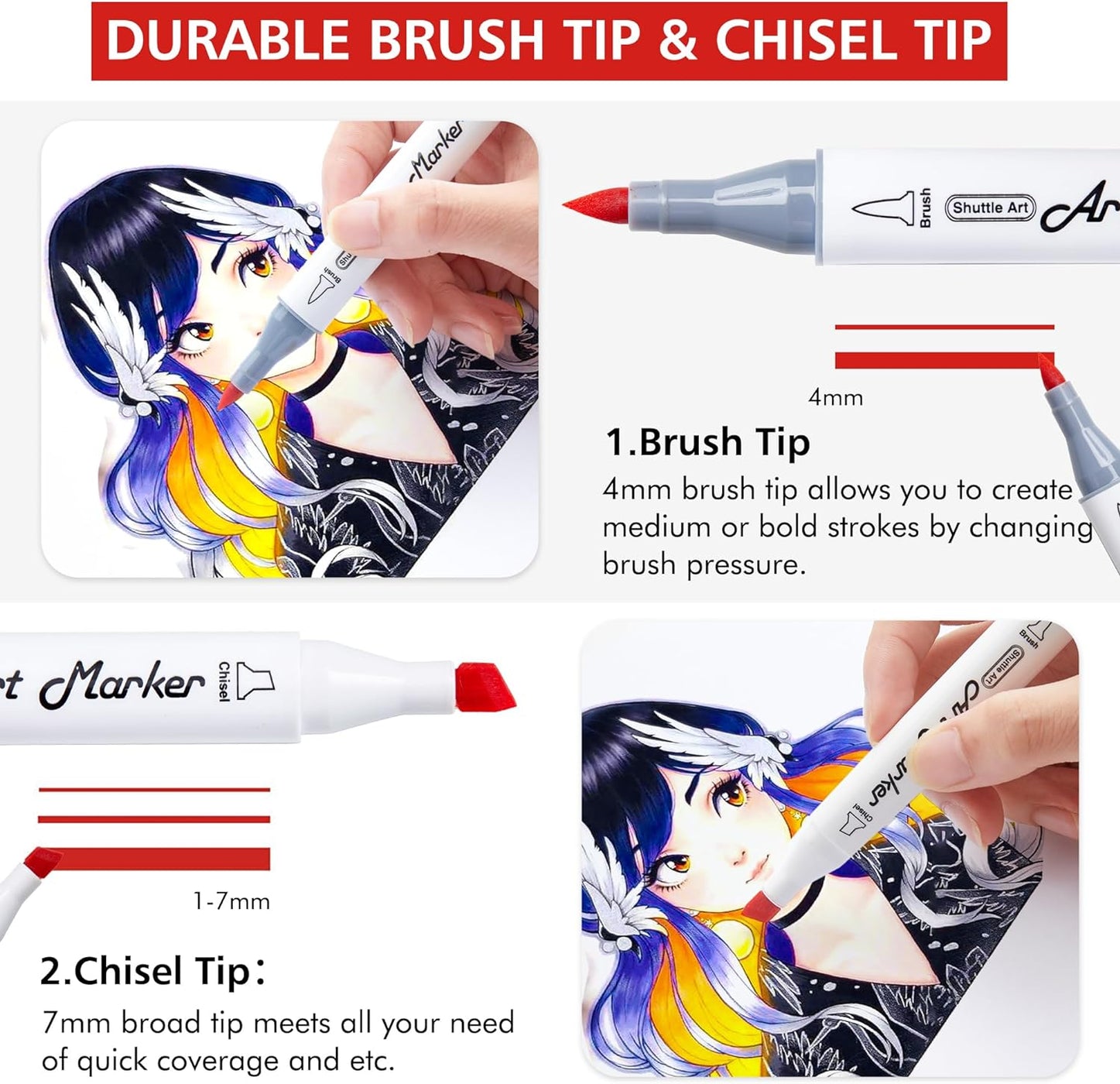 Dual Tip Brush & Chisel Tip Art Marker - Set of 50 Colors plus 1 Blend ...